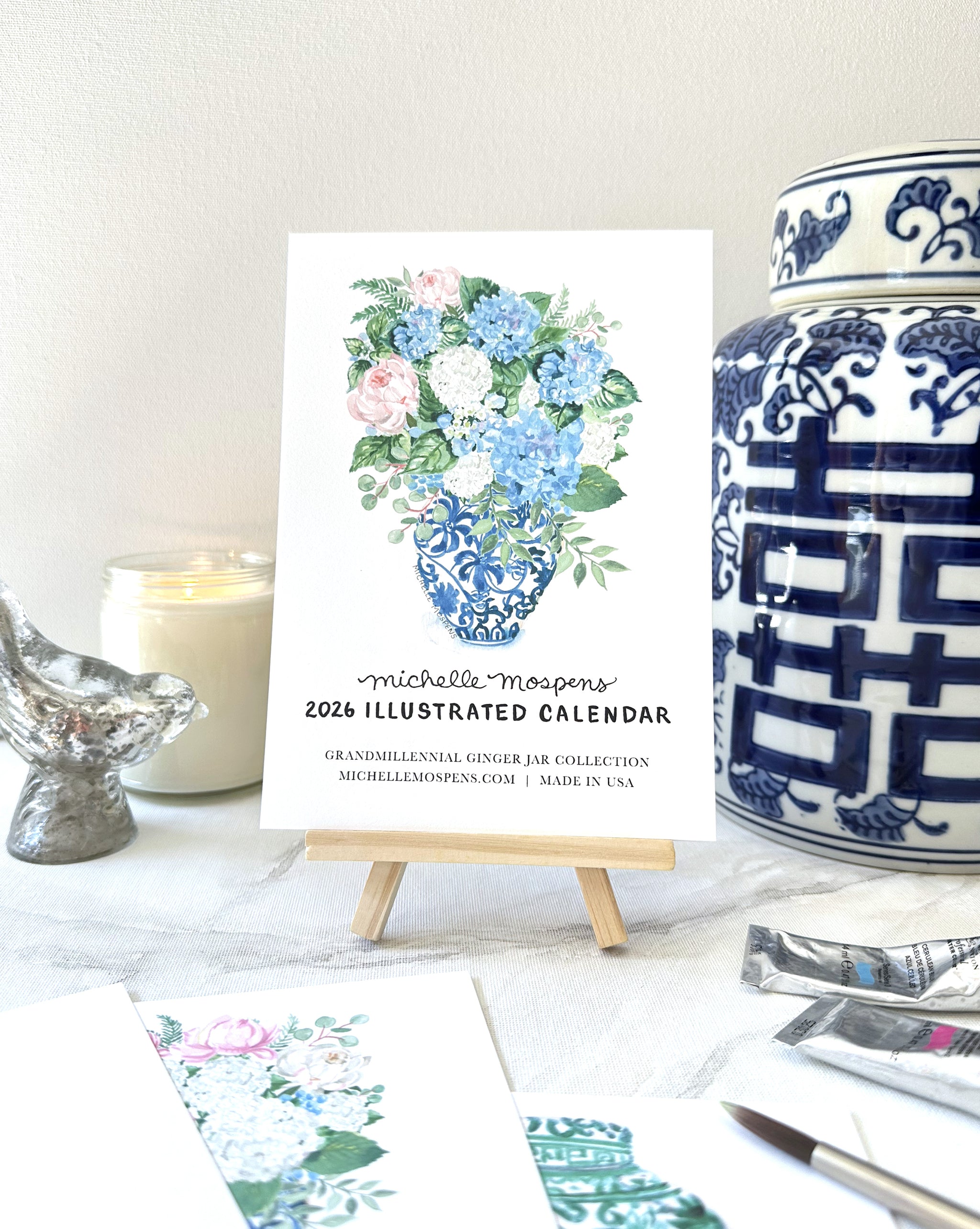 Watercolor Grandmillennial Ginger Jars Mini Monthly 2026 Desk Calendar