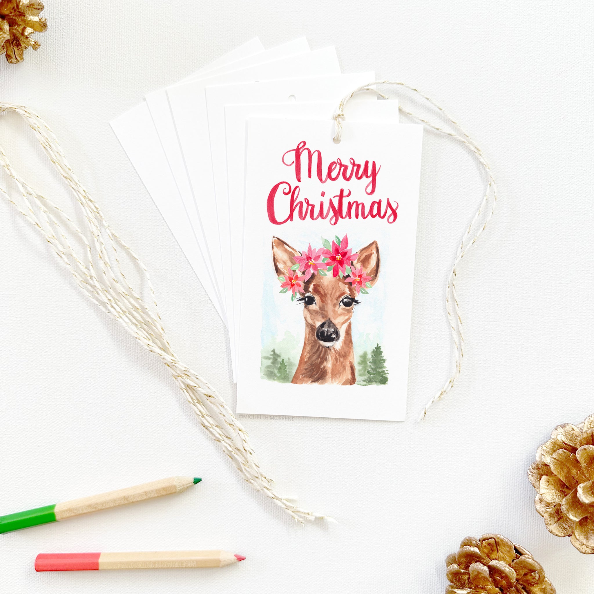 Set of Illustrated Christmas Gift Tags: Watercolor Christmas Deer Holi