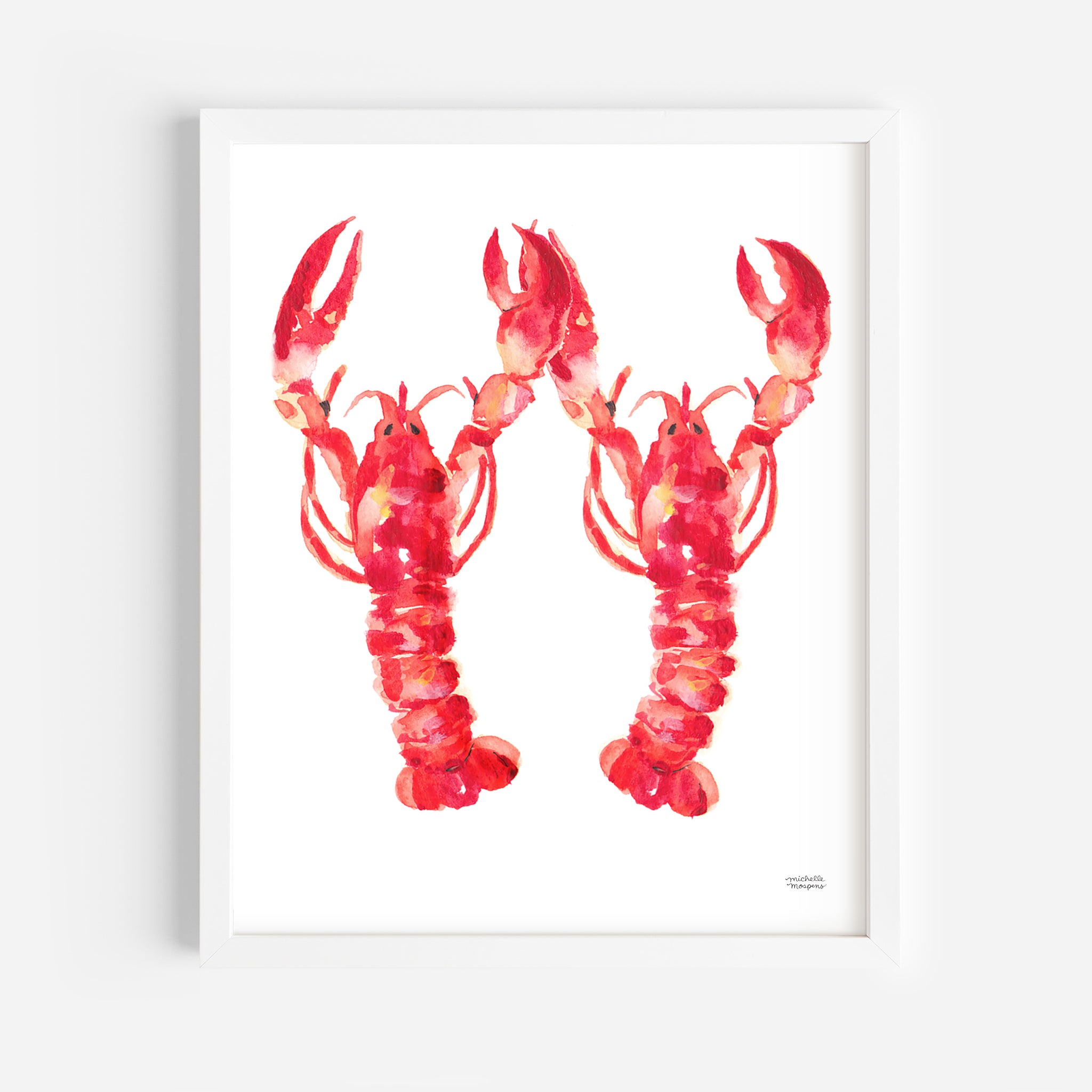 Cute Nautical Lobsters Watercolor Wall Art Print by Michelle Mospens N