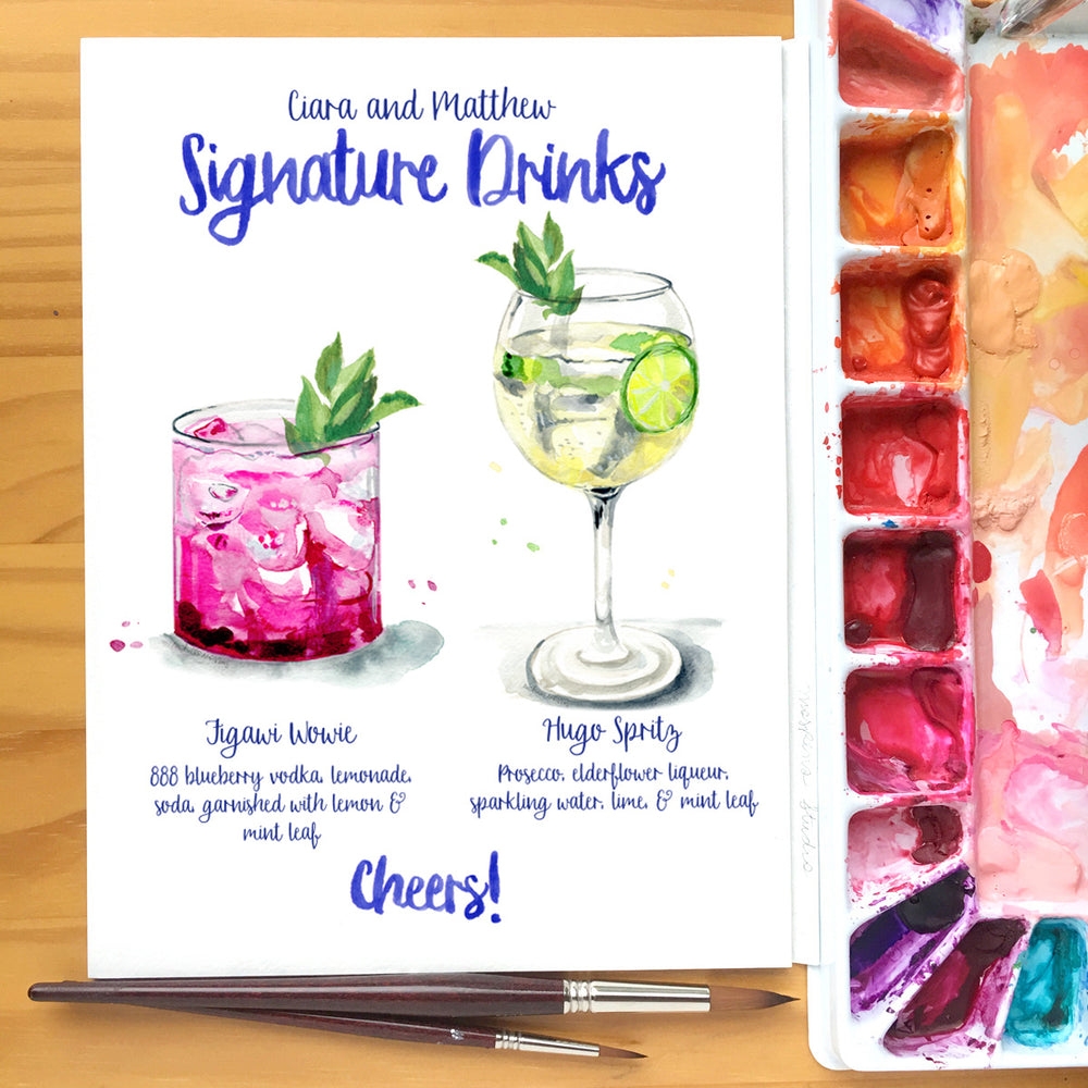 Custom Hand-painted Signature Drinks Illustration | Cocktail Sign for