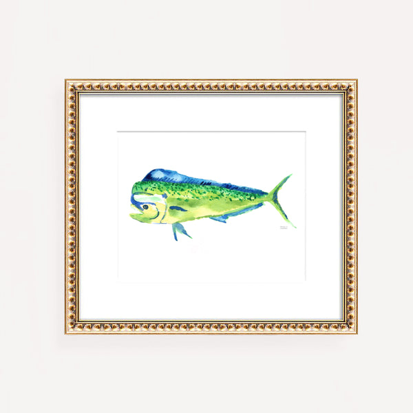 Coastal Wall Art Fish Print Watercolor Blue Green and Yellow Mahi Mahi