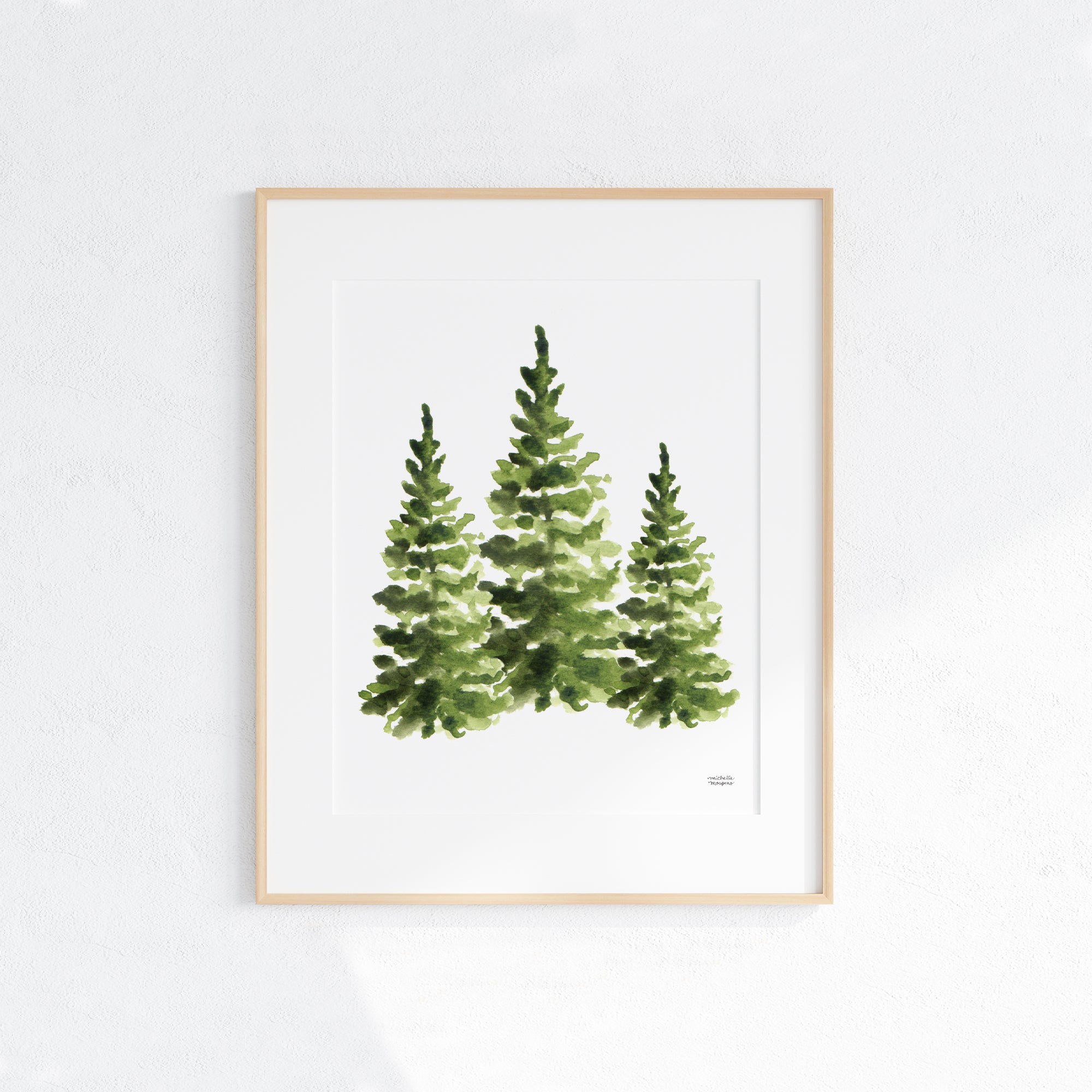 Watercolor Evergreen Pine Trees Wall Art Print by Michelle Mospens