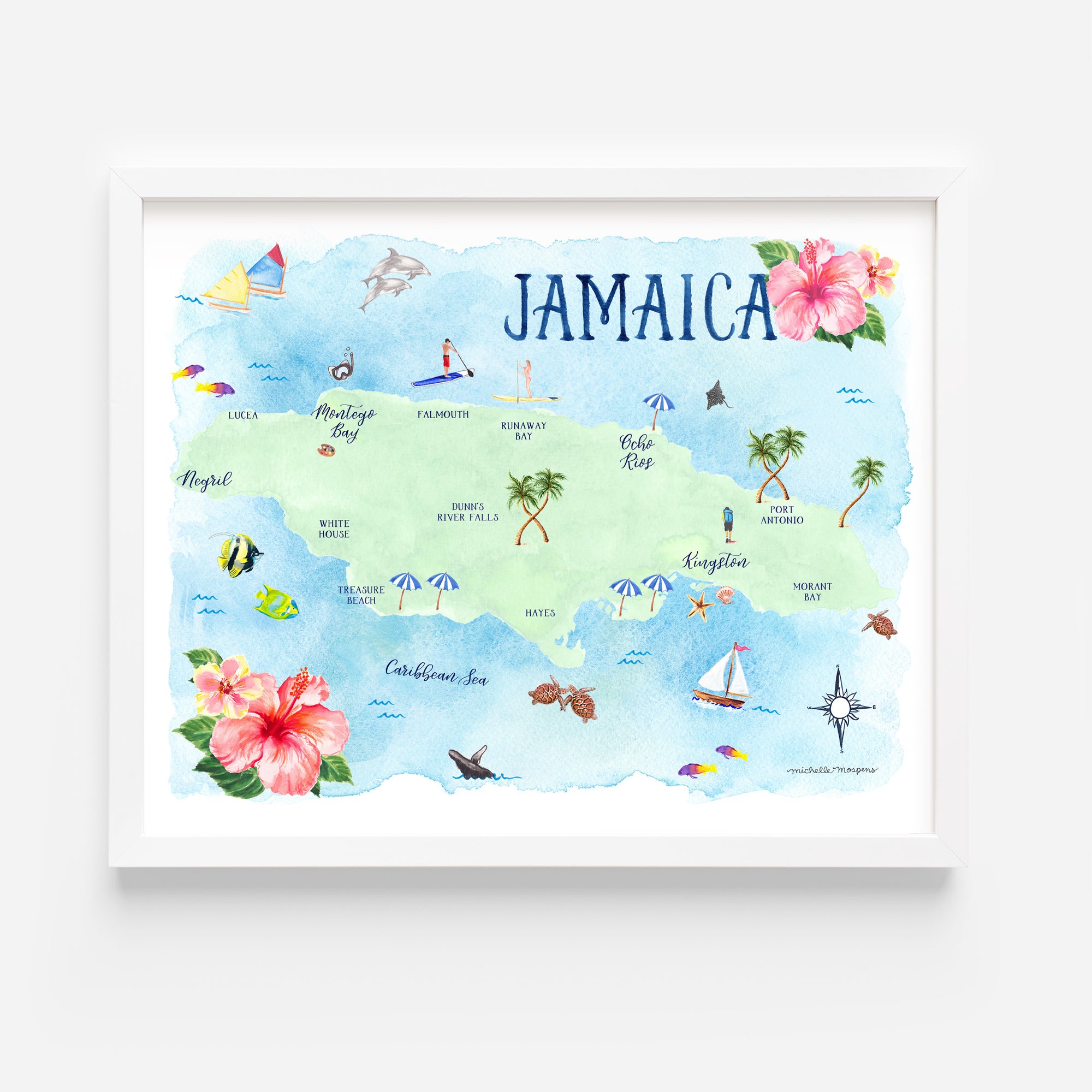 Jamaica Map Watercolor Art Print by Michelle Mospens | Jamaica Print ...