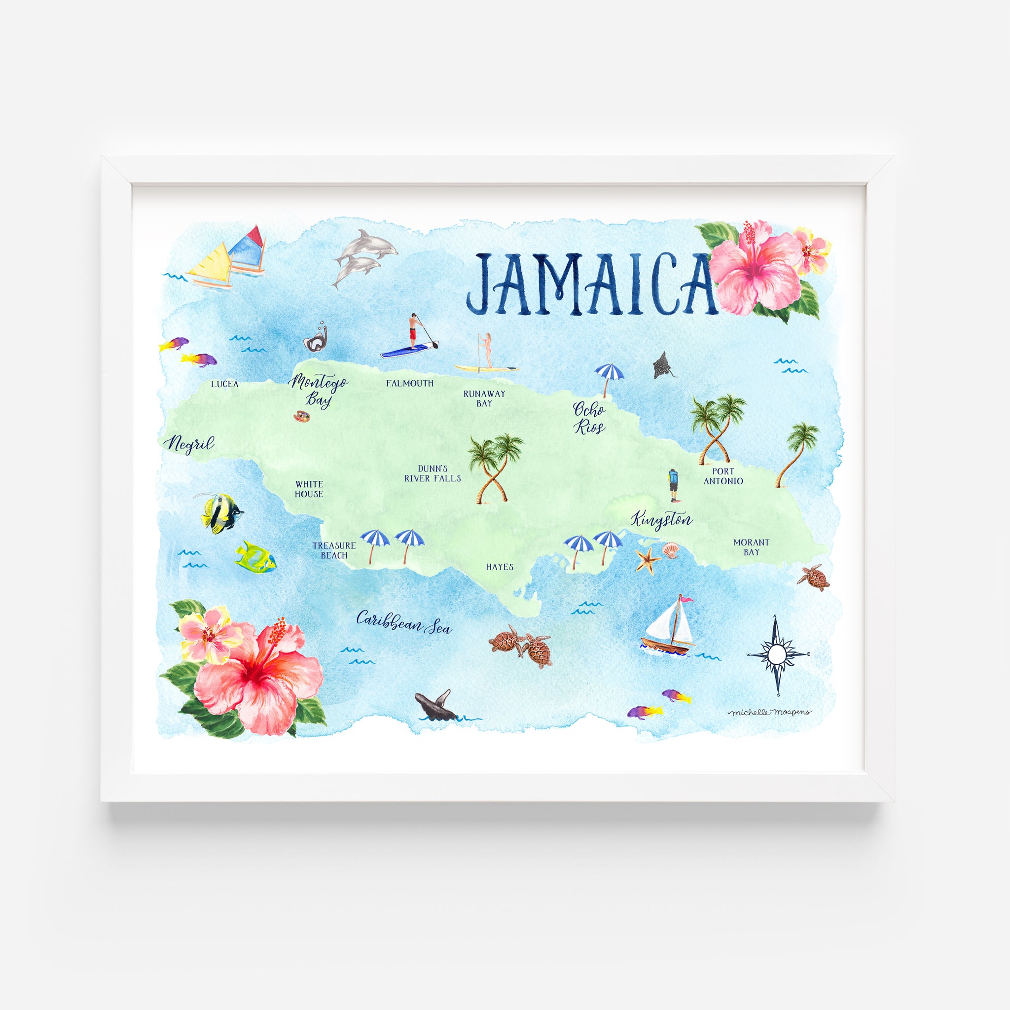 Jamaica Map Watercolor Art Print by Michelle Mospens | Jamaica Print ...