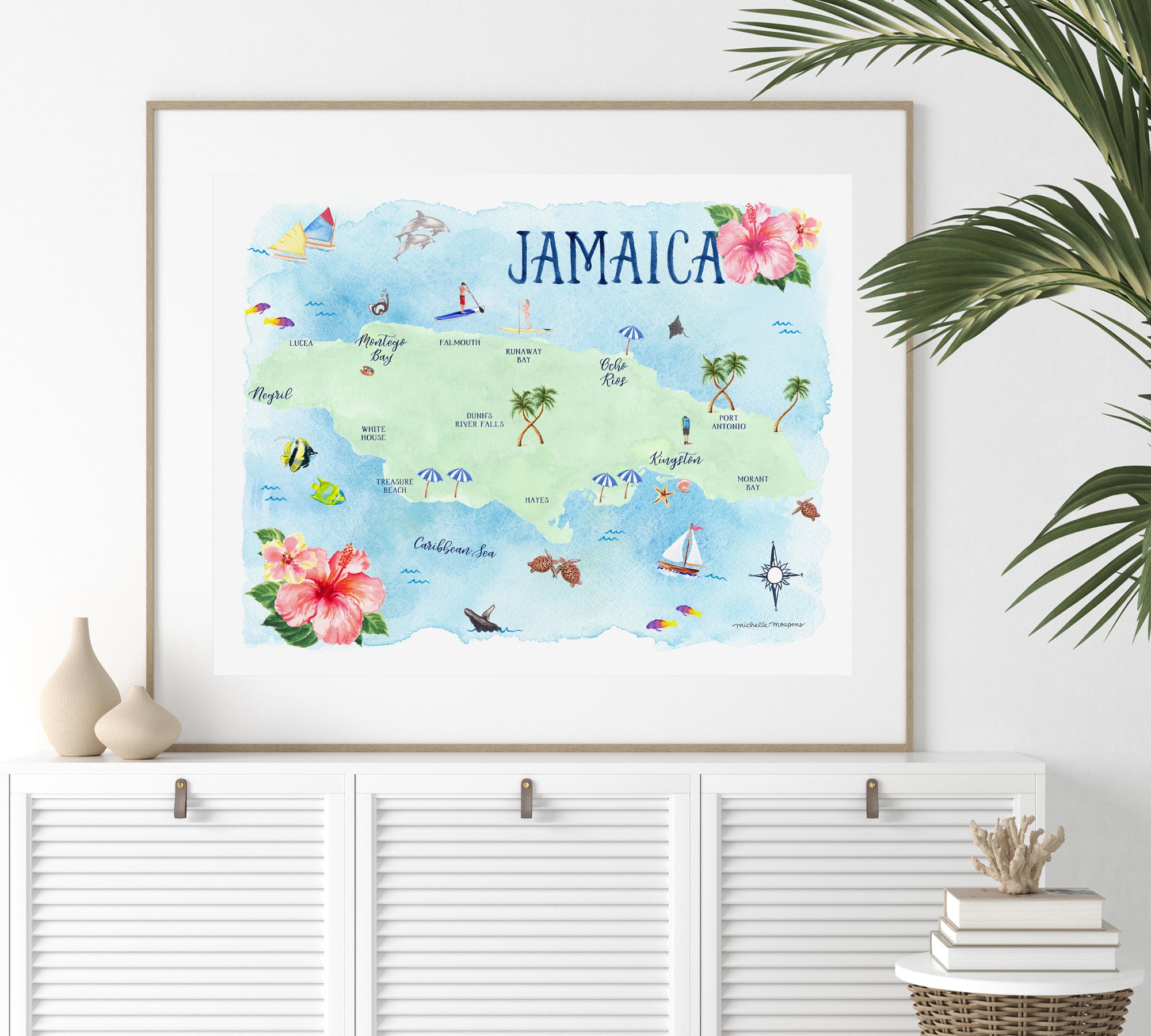 Jamaica Map Watercolor Art Print by Michelle Mospens | Jamaica Print ...