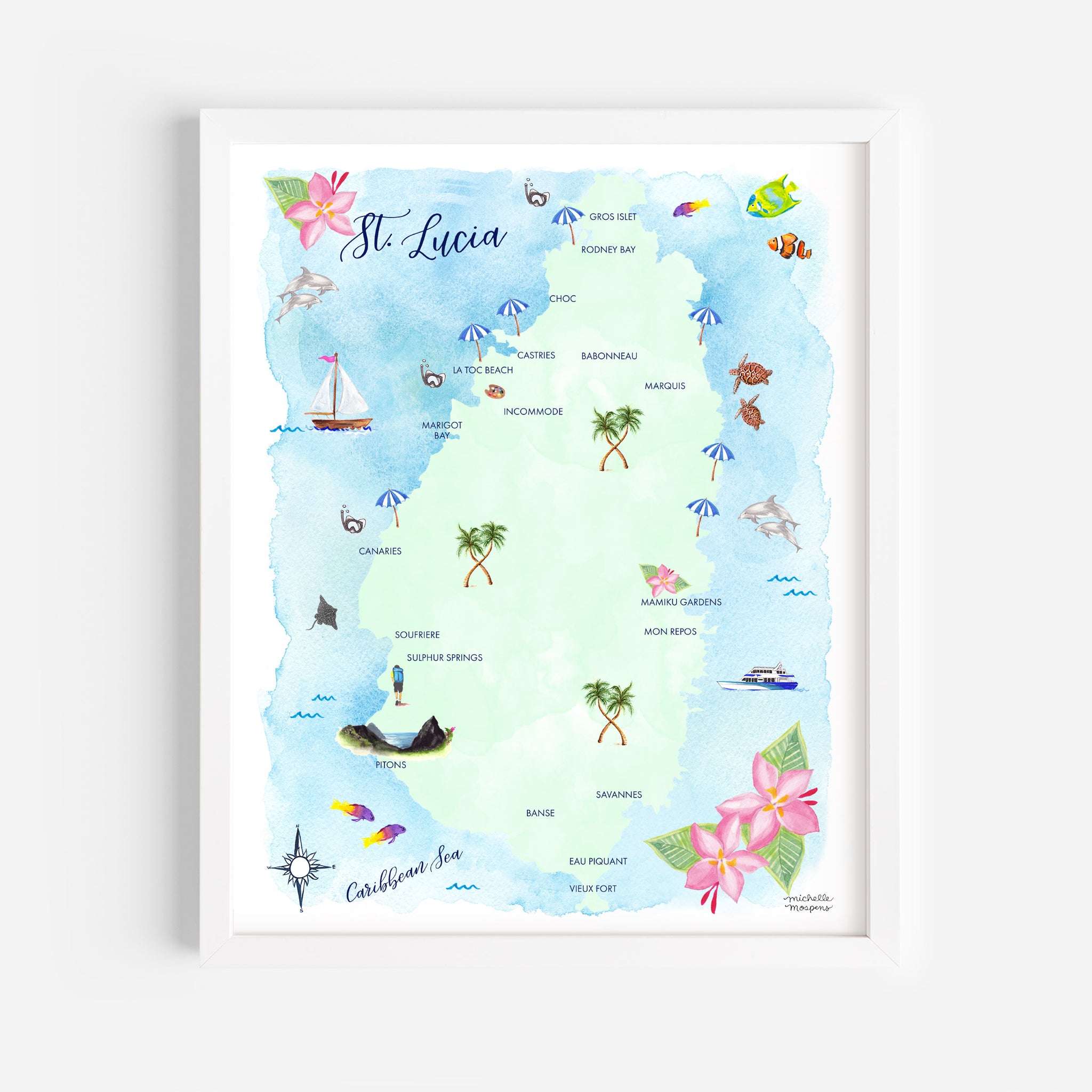 St. Lucia Map Art Print - Watercolor by Michelle Mospens