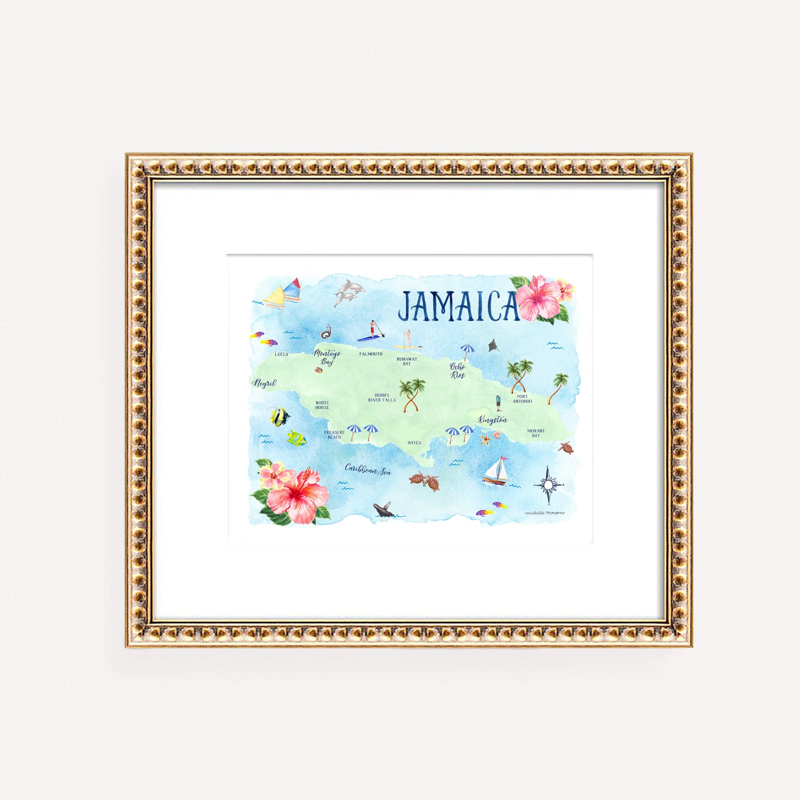 Jamaica Map Watercolor Art Print by Michelle Mospens | Jamaica Print ...
