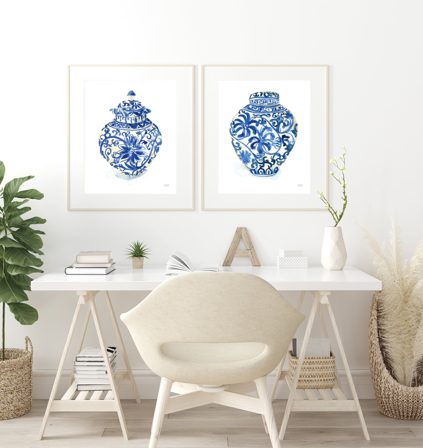 Vintage Ginger Jars No3 and 4 Watercolor Art Print Set