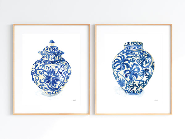 Vintage Ginger Jars No3 and 4 Watercolor Art Print Set