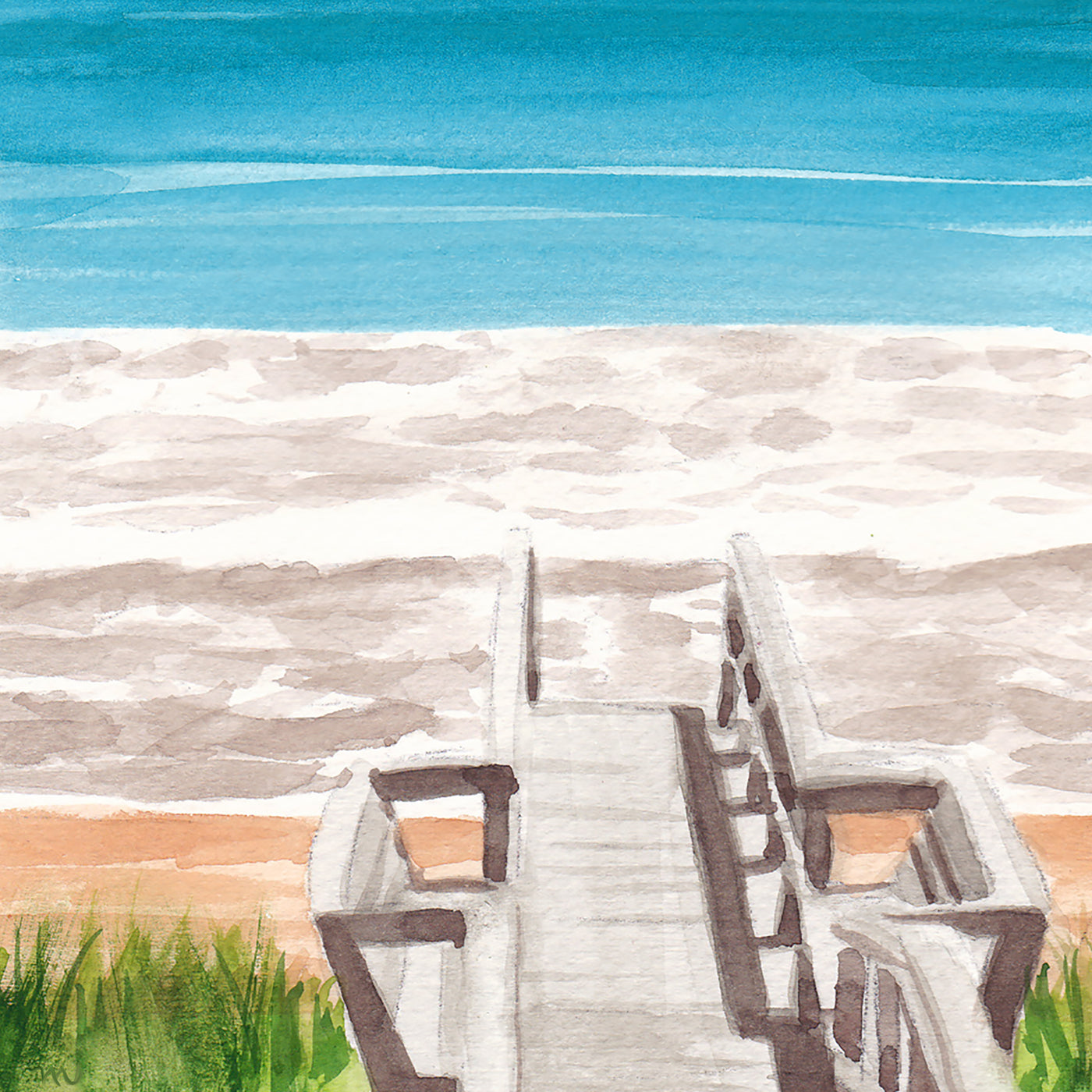 Beach Boardwalk Watercolor Art Print Coastal Decor